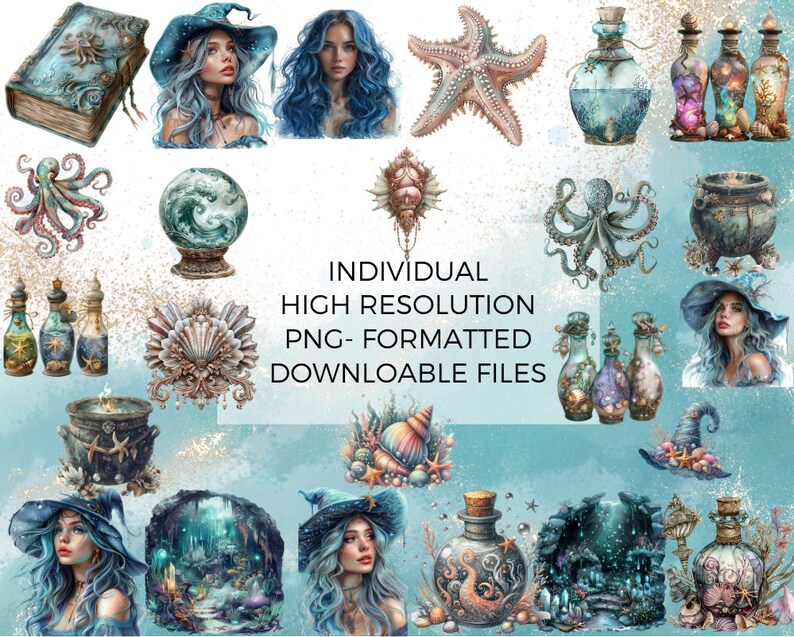 Sea Witch. Watercolor 24 Clipart PNG Bundle. AI Illustration. Instant Download for Commercial ...