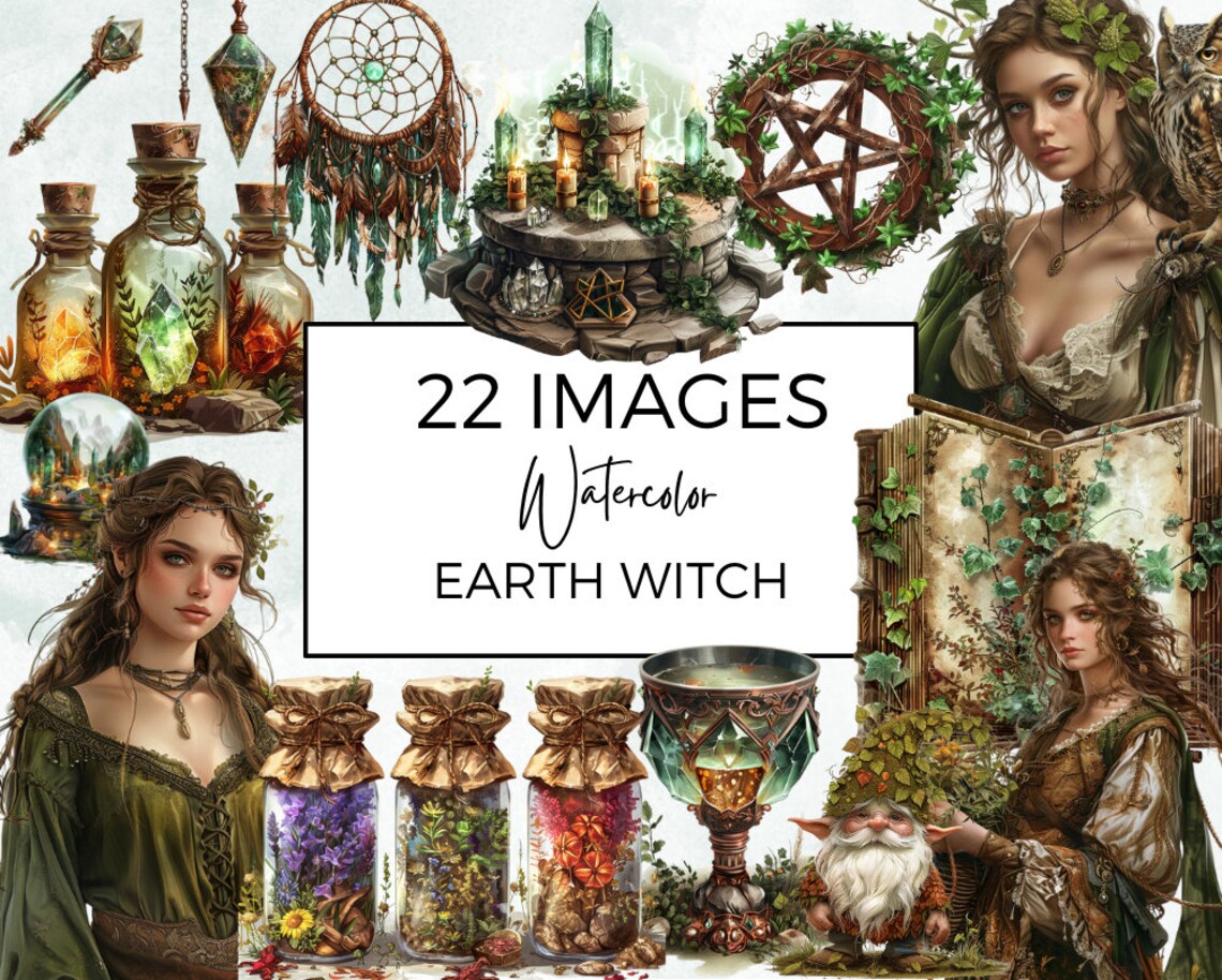 Earth Witch. Watercolor 22 Clipart PNG Bundle. AI Illustration. Instant ...