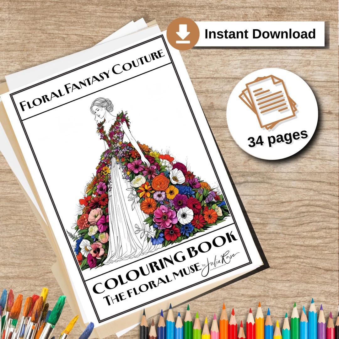Floral Gowns Coloring Book: Fashion Couture Art (digital Download, 34 ...