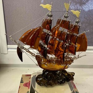 Luxury One of Kind 925 Silver Amber Ship on Whole Natural Stone Natural Baltic Amber With Sails ...