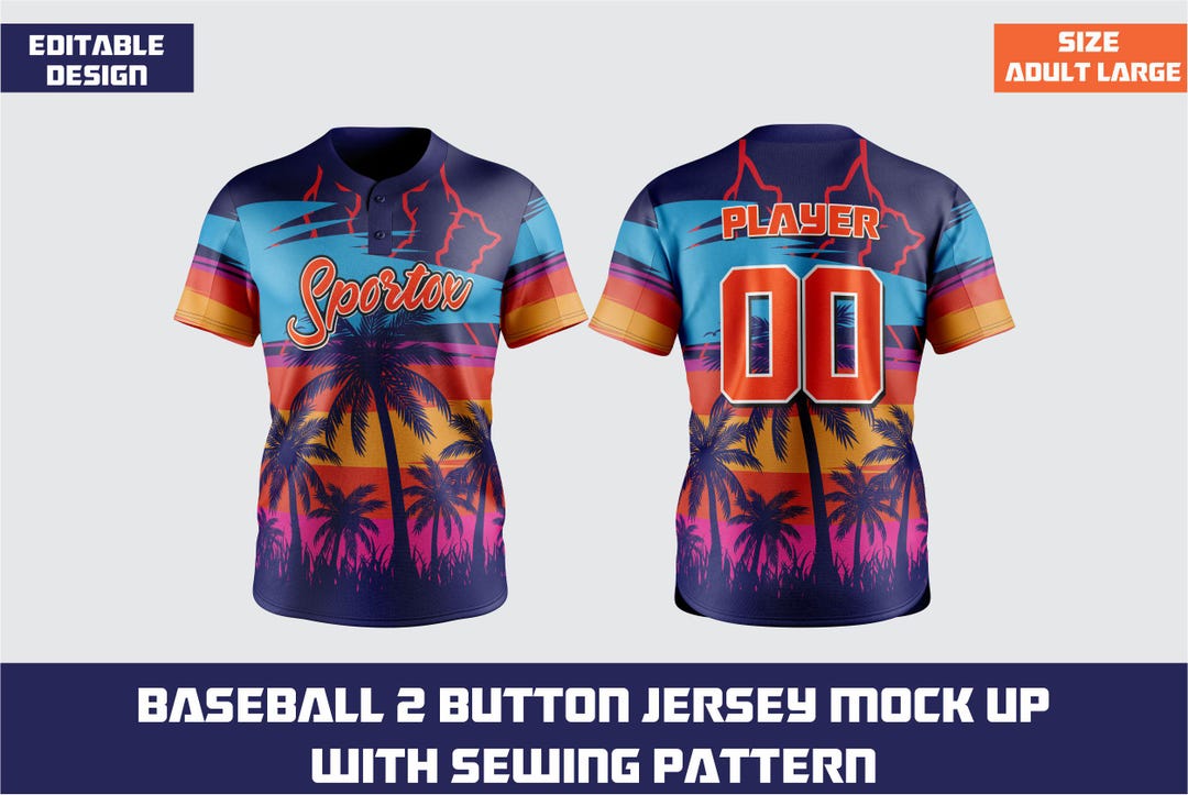 Tropical 2 Button Baseball Jersey Mockup With Sewing Pattern | Editable ...