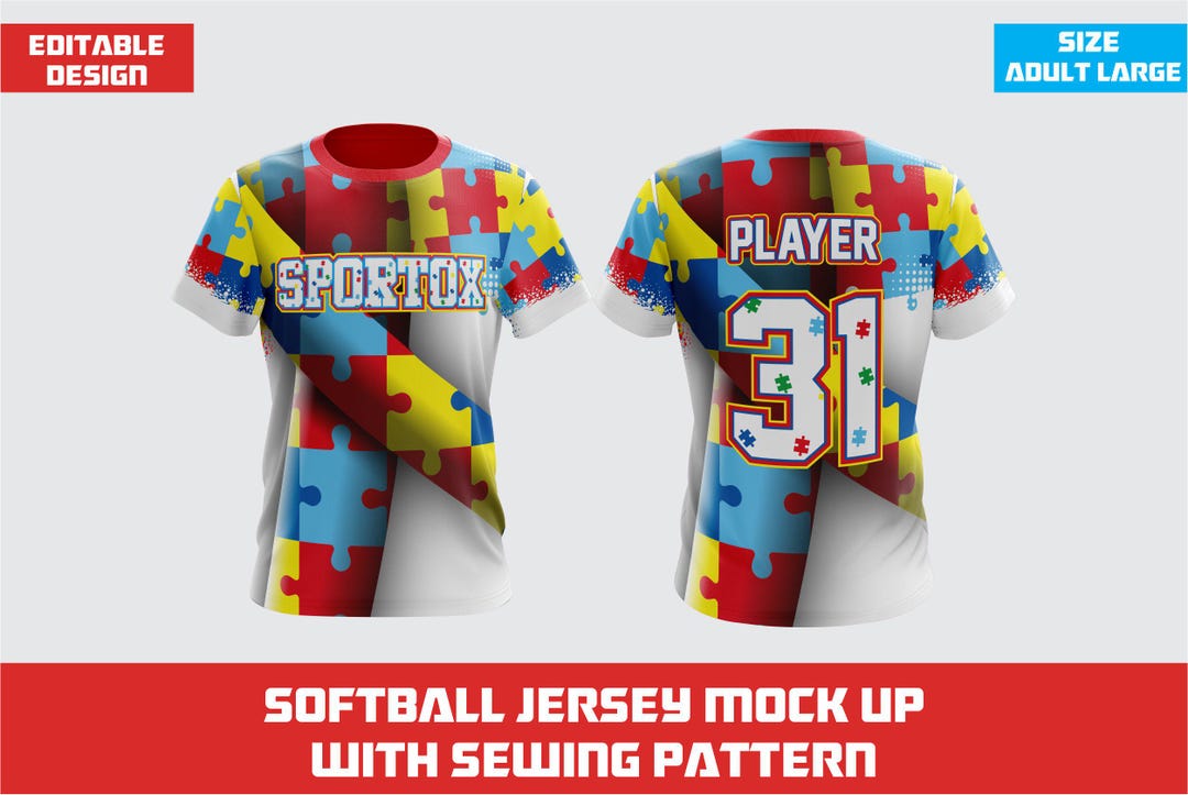 Autism Awareness Softball Jersey Mockup – Puzzle Print Sports Shirt ...