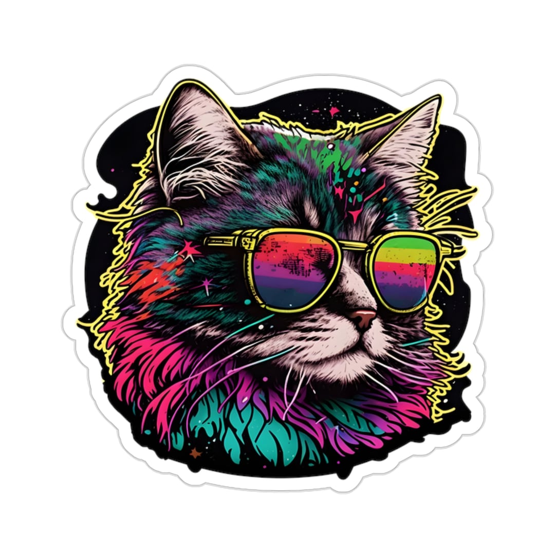 80s Neon Cat Sticker: Retro Pop Art Kitty With Sunglasses - Etsy