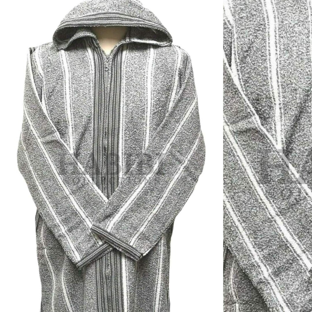 Men's Moroccan Hooded Wool Winter Baja Jerga Jacket Striped Grey/white ...