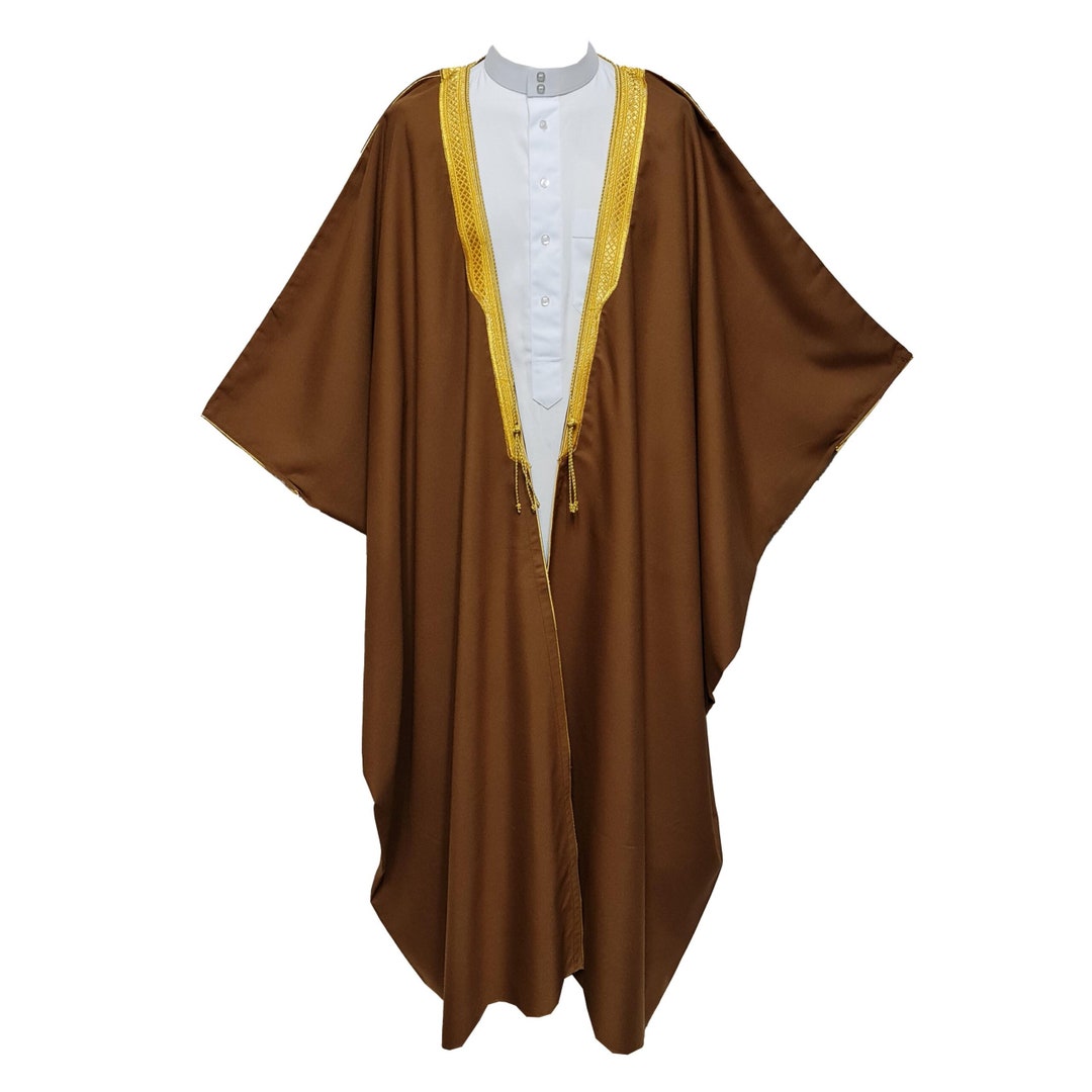 Mens High Quality Arabian Bisht Long Sleeves Brown Cloak Arab Dress ...