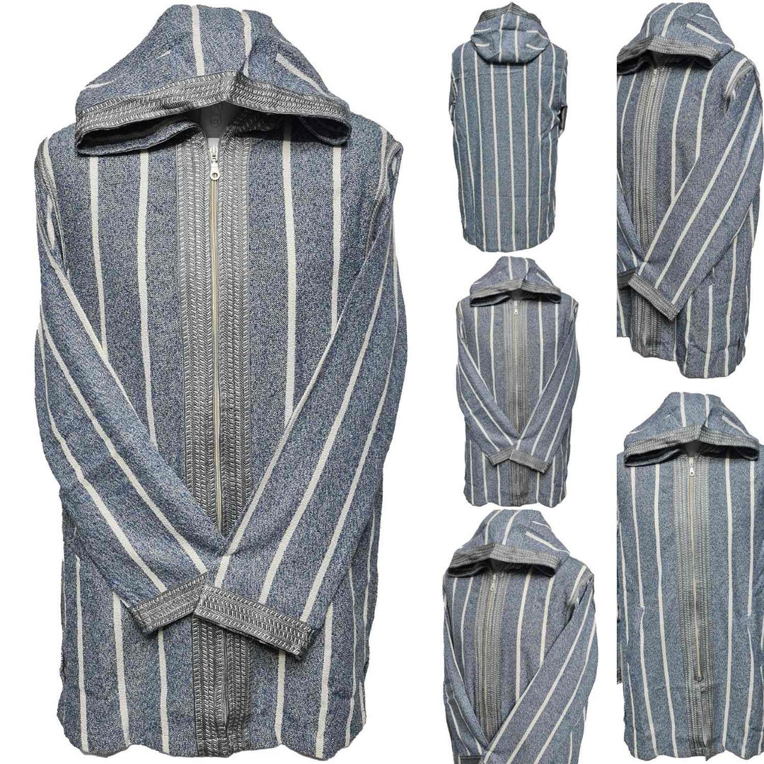 Moroccan Wool Blend Baja Jerga Jacket Hoodie Festival Hippy Tribal Grey ...