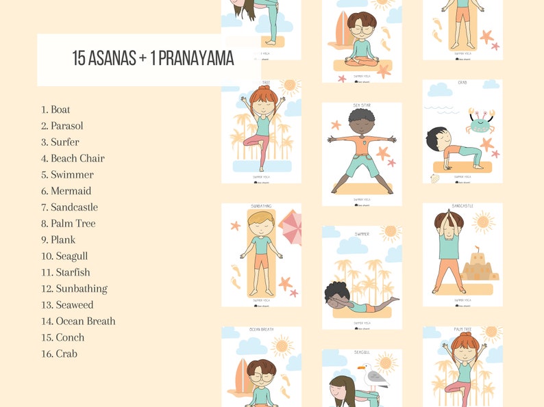 Printable Beach Summer Yoga Cards for Kids - 16 Cards | Summer Themed ...