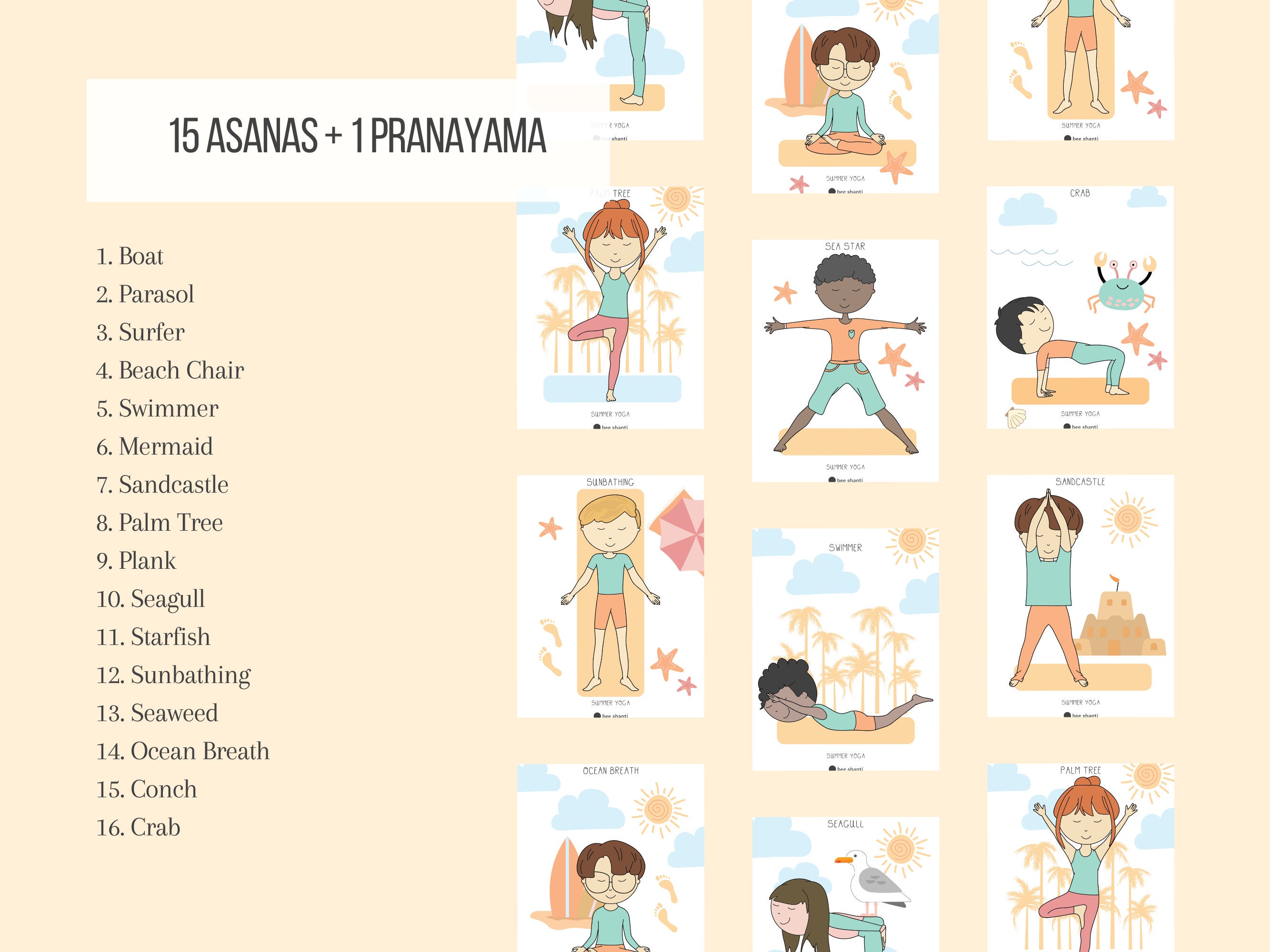 Printable Beach Summer Yoga Cards for Kids - 16 Cards | Summer Themed ...