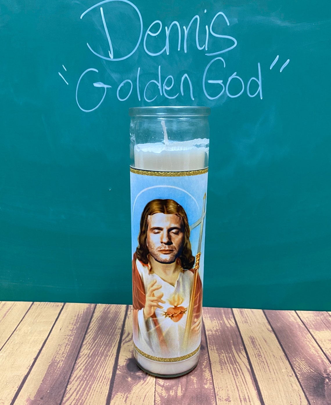 Golden God Dennis Reynolds Prayer Candle Label It's Always Sunny in ...