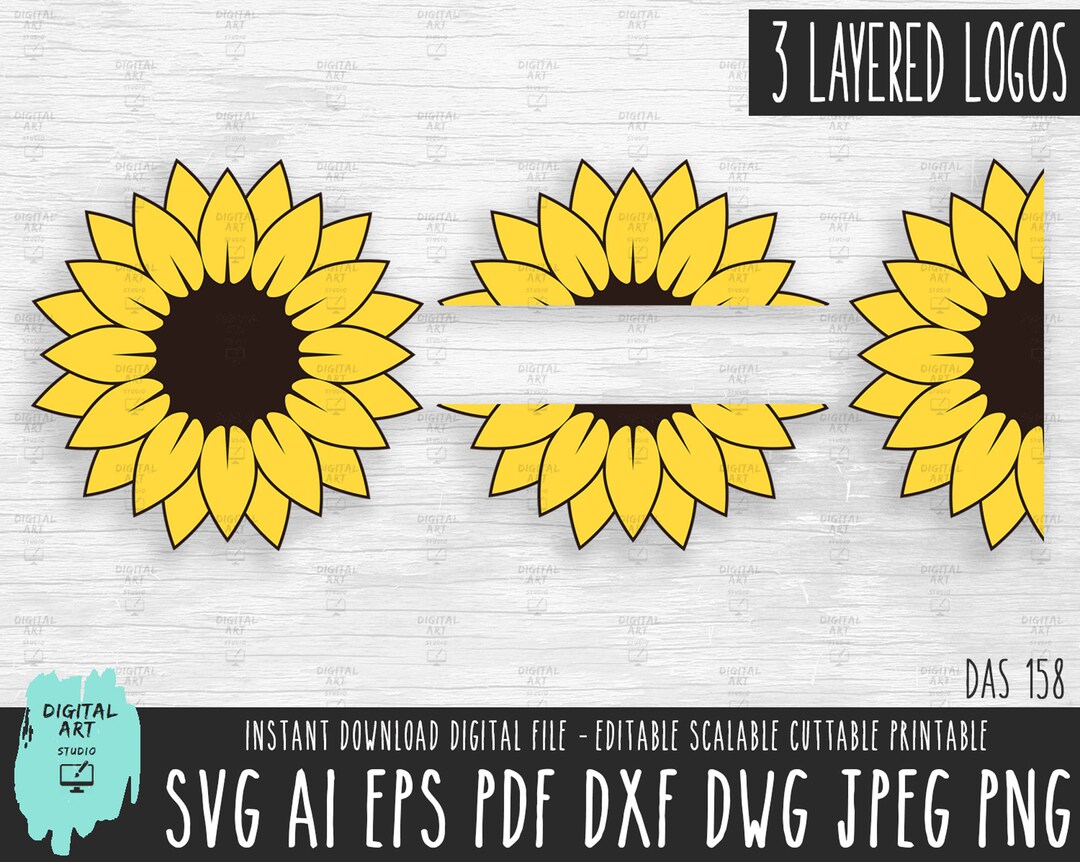 3 Sunflower Layered PACK SVG, Sunflower Monogram Vector File, Sunflower ...
