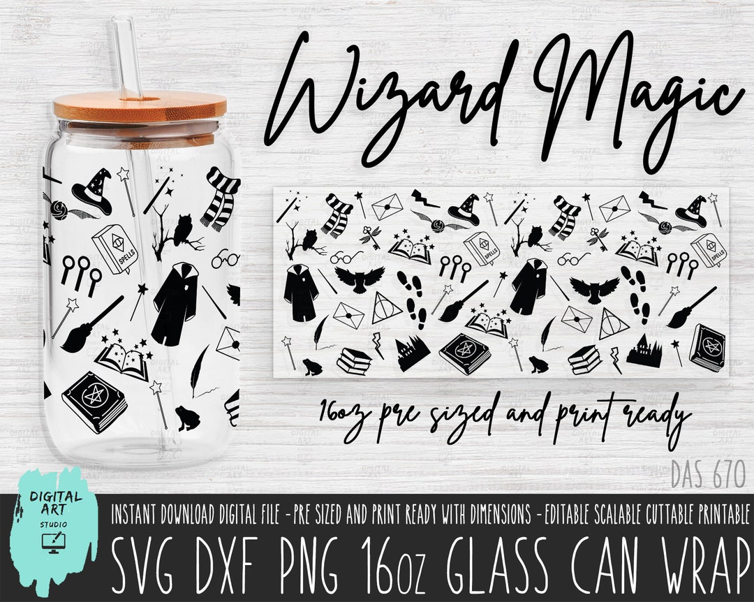 WIZARD 16oz Glass Can Wrap, Magic Wang Glass Can SVG Cut File Wizard ...