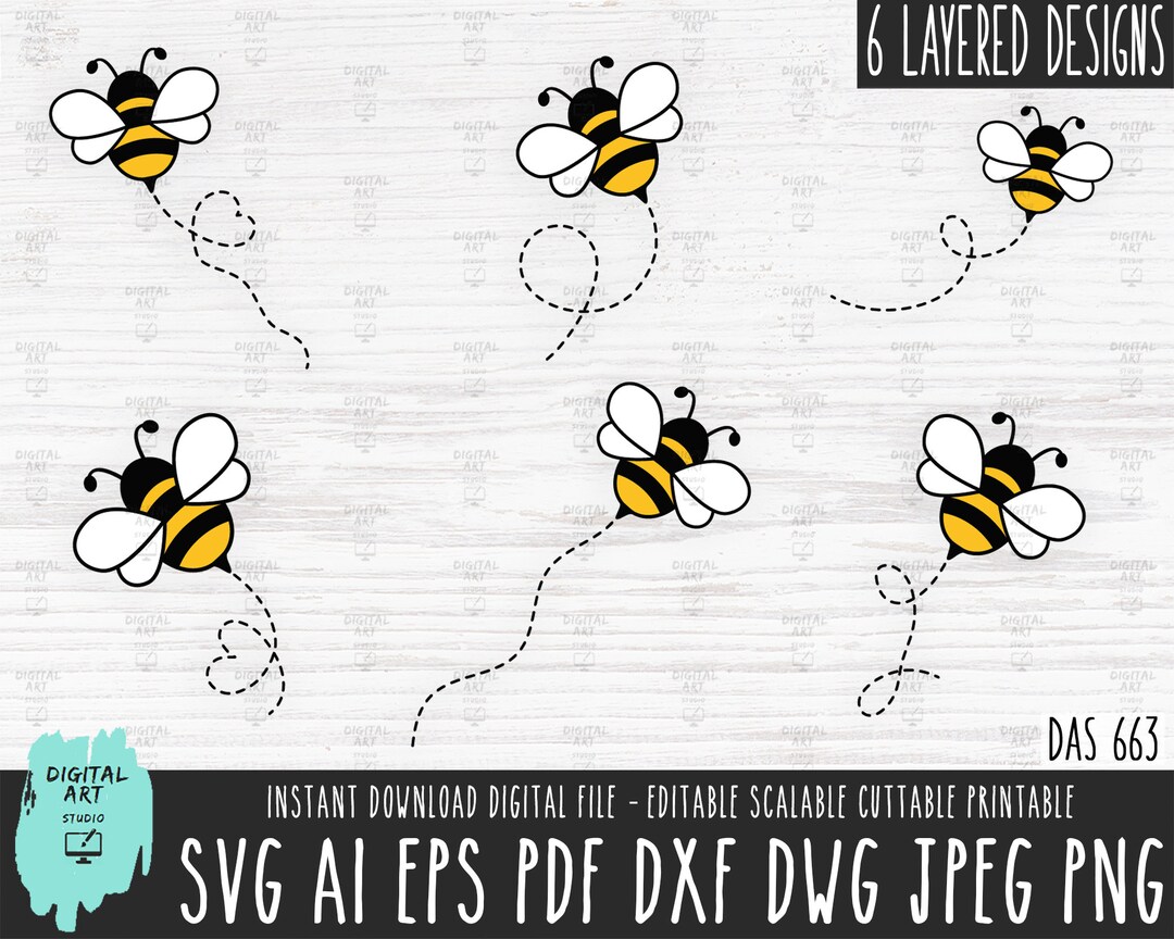 6 BEES Layered Pack Svg Bee Fly Cricut Vector File Bee Heart Png Bees ...