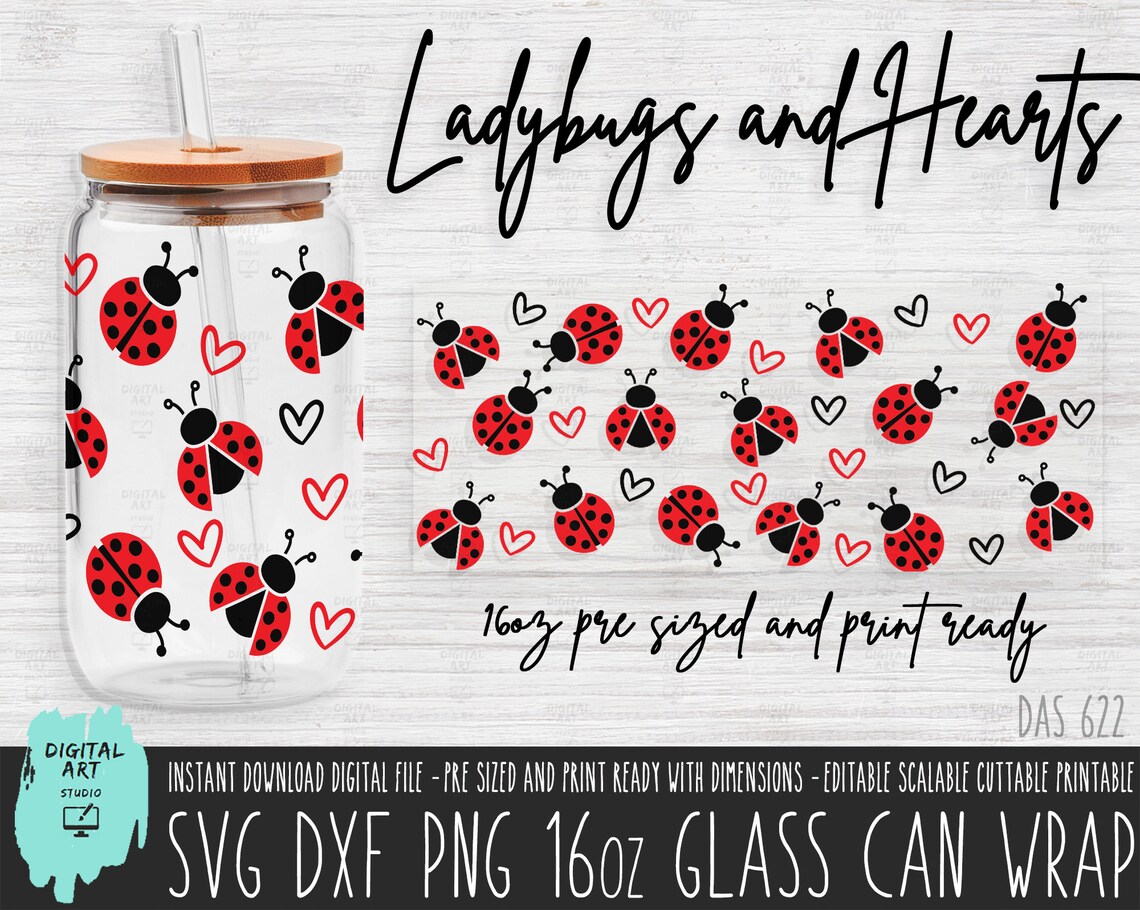 Ladybug Hearts 16oz Glass Can Wrap, SVG PNG (digital Download) - Etsy