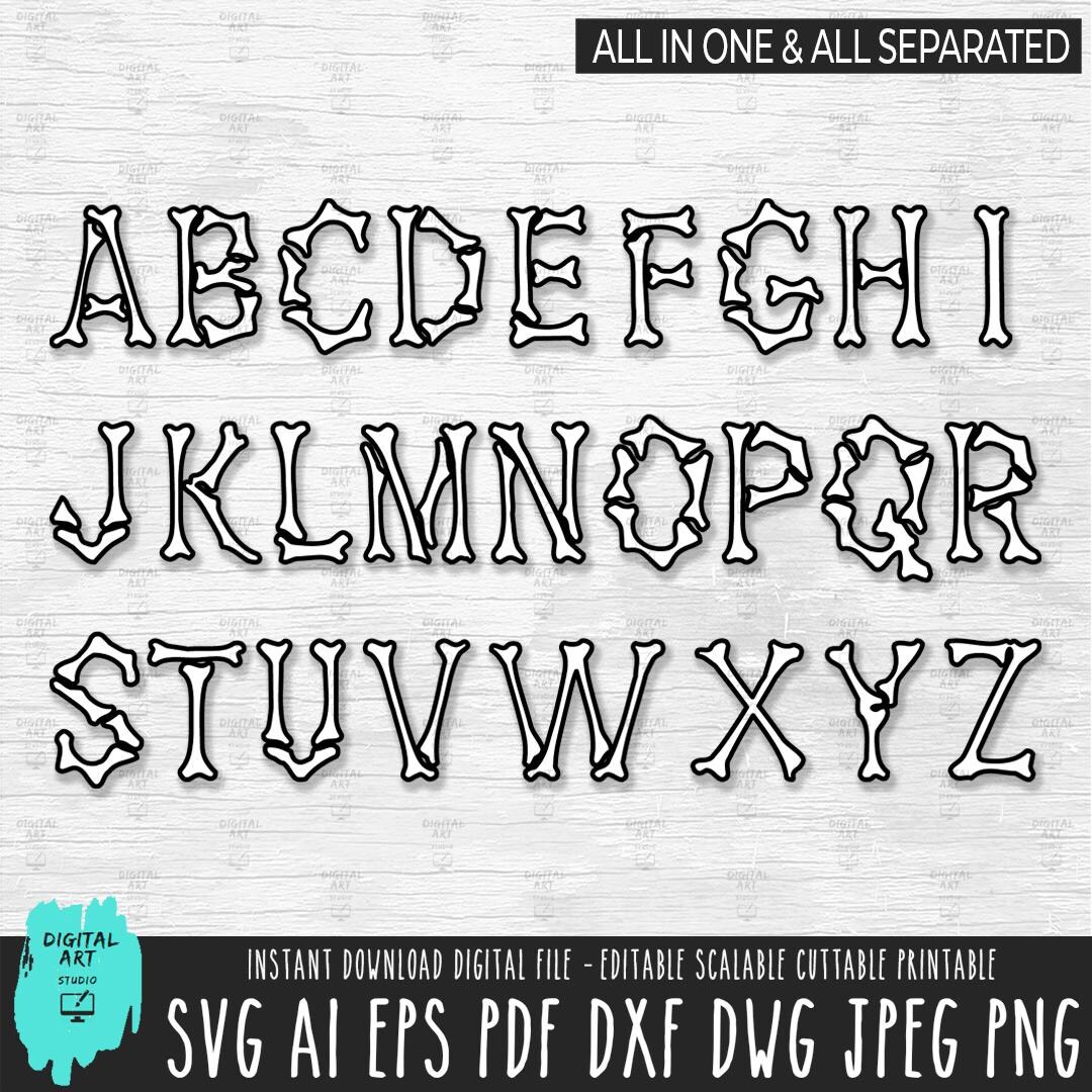 BONES ALPHABET SVG, Scary Halloween Letters Handlettered Skeleton for ...