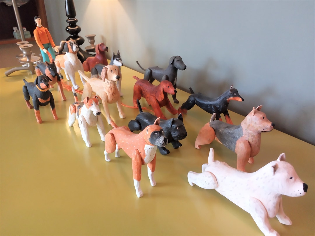 15 Pieces,wood Dog Figurine Set,wooden Dogs Statuette, Wood Carved ...