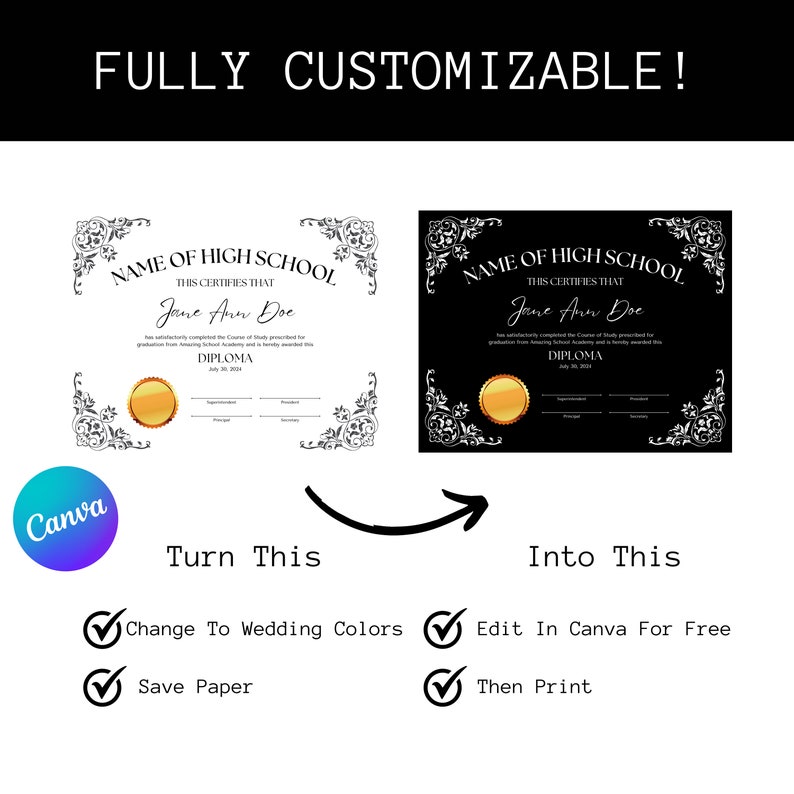High School Diploma Template,editable Diploma, Canva Editable Diploma ...
