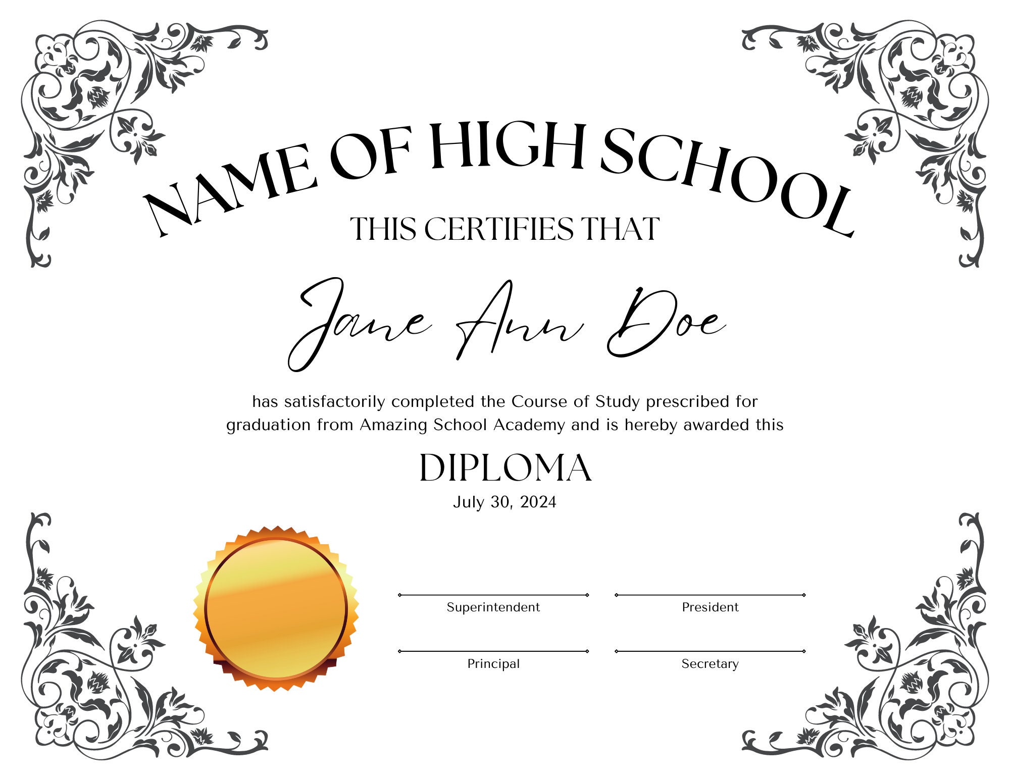 High School Diploma Template,editable Diploma, Canva Editable Diploma ...