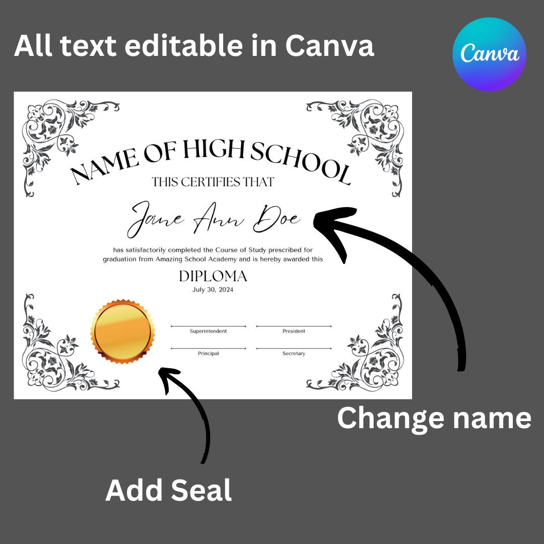 High School Diploma Template,editable Diploma, Canva Editable Diploma ...