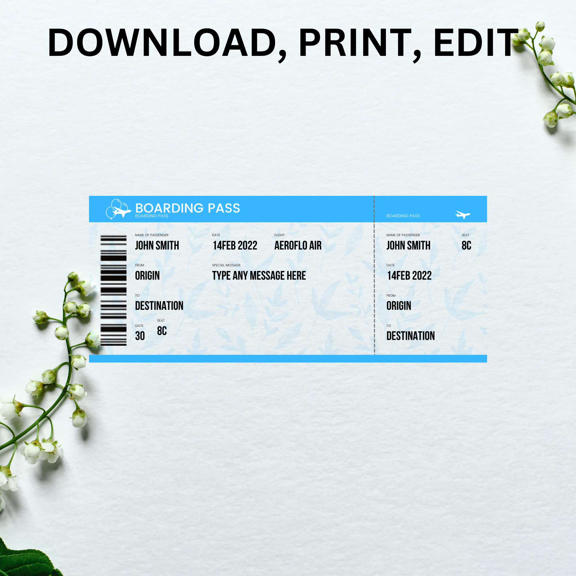 Editable Boarding Pass Template, Printable Airline Ticket, Canva ...