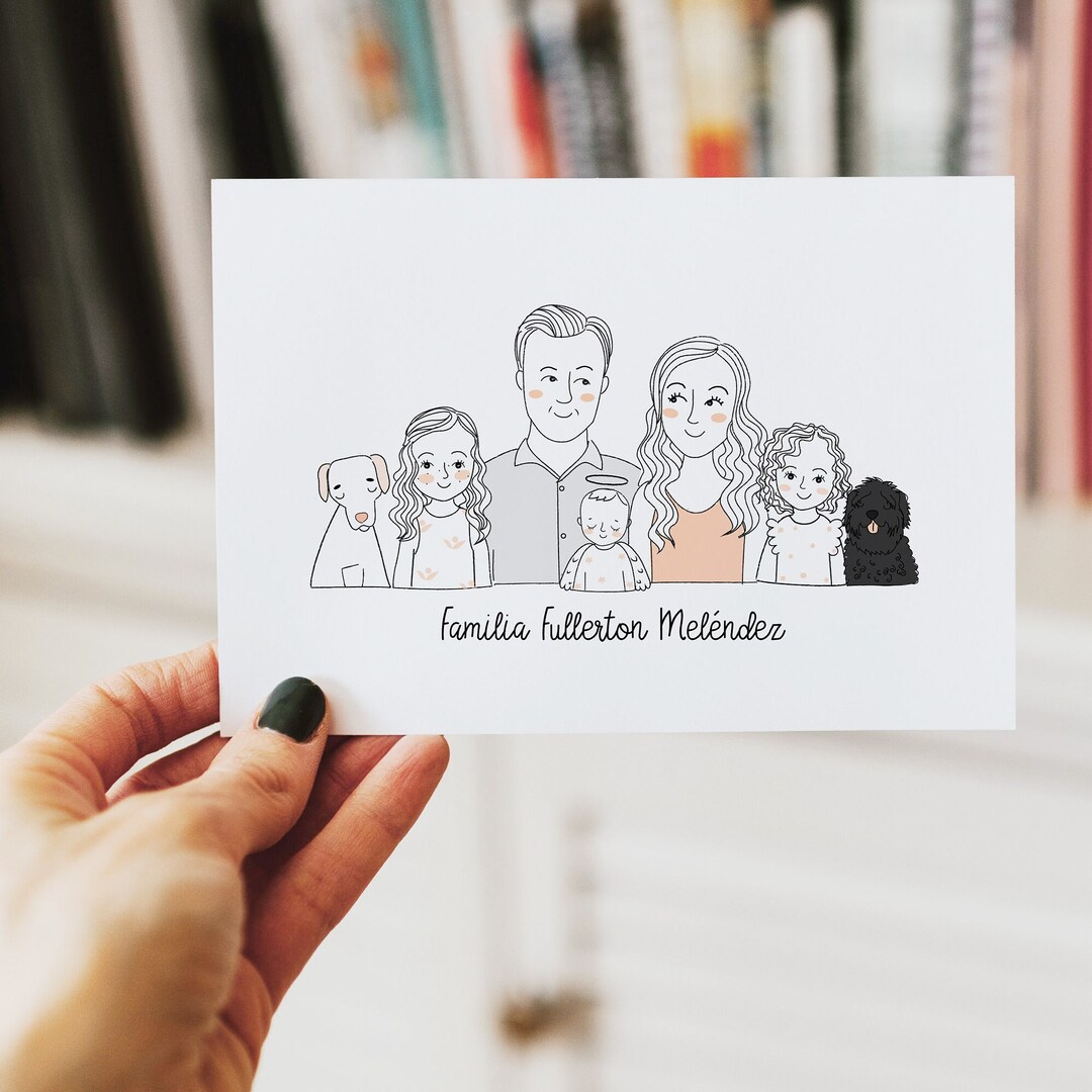 Custom Family Drawing, Minimalist Portrait With Angel Baby, Cute Family ...