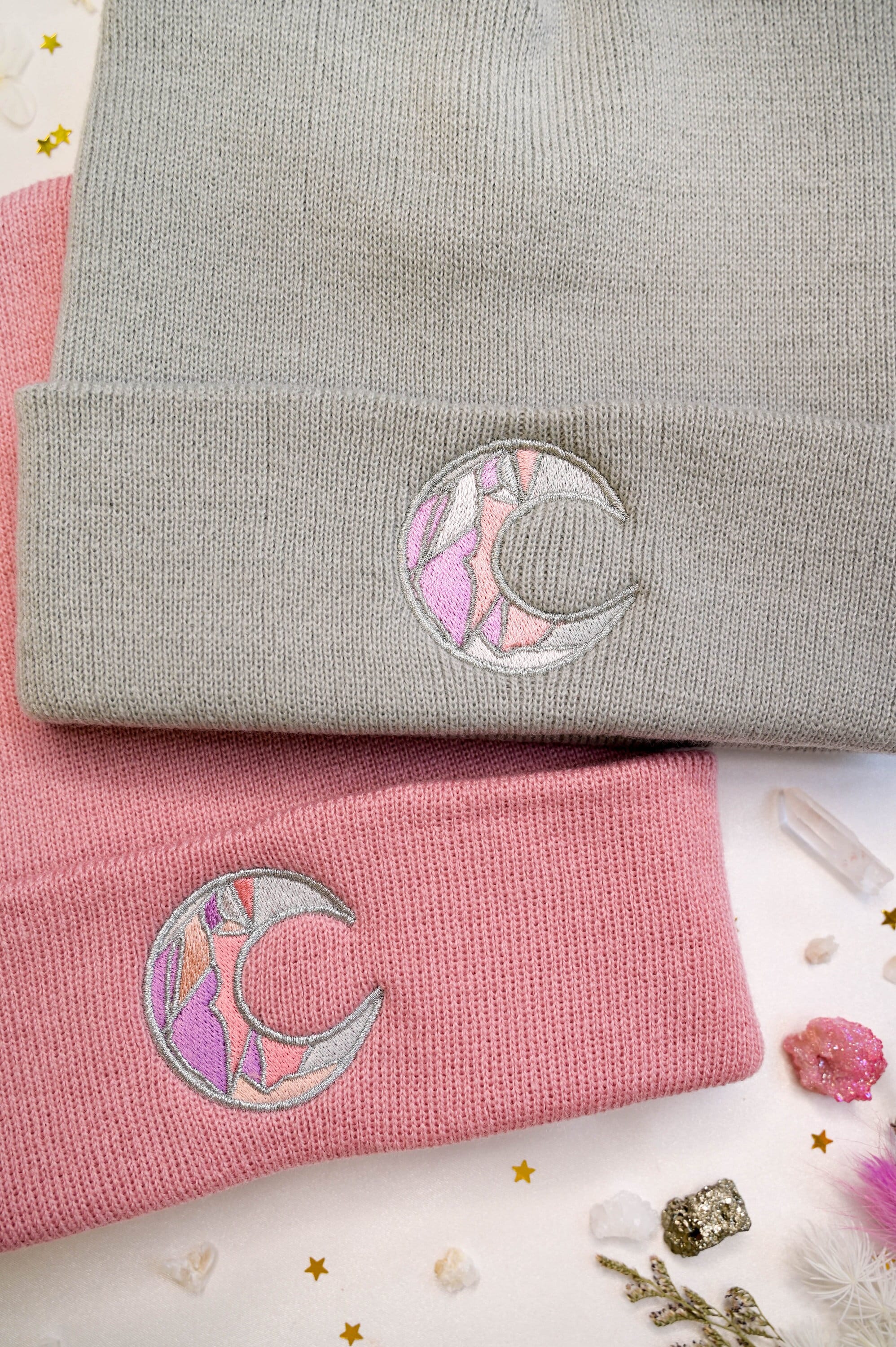 Crystal Moon PINK oder GRAU BEANIE Bestickte Beanie Mütze - Etsy.de