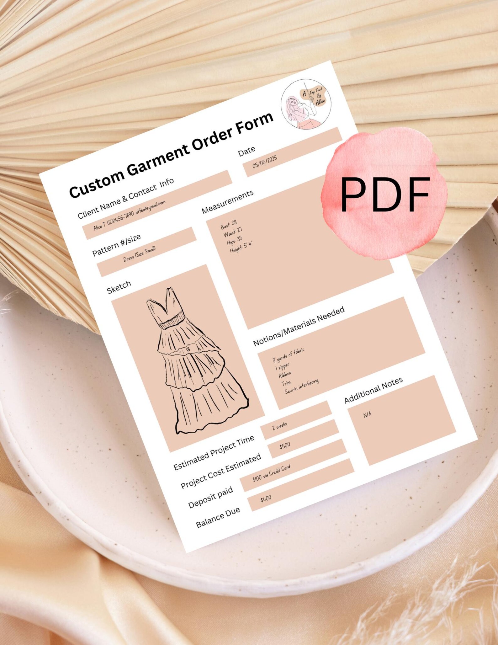Peachy Pink Custom Garment Order Form | Client's Order Form | Digital ...