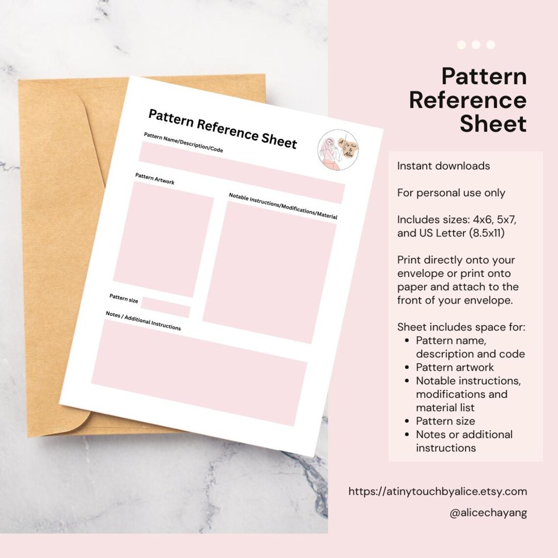 Light Pink Pattern Reference Sheet | Sewing Pattern Organizer | PDF ...