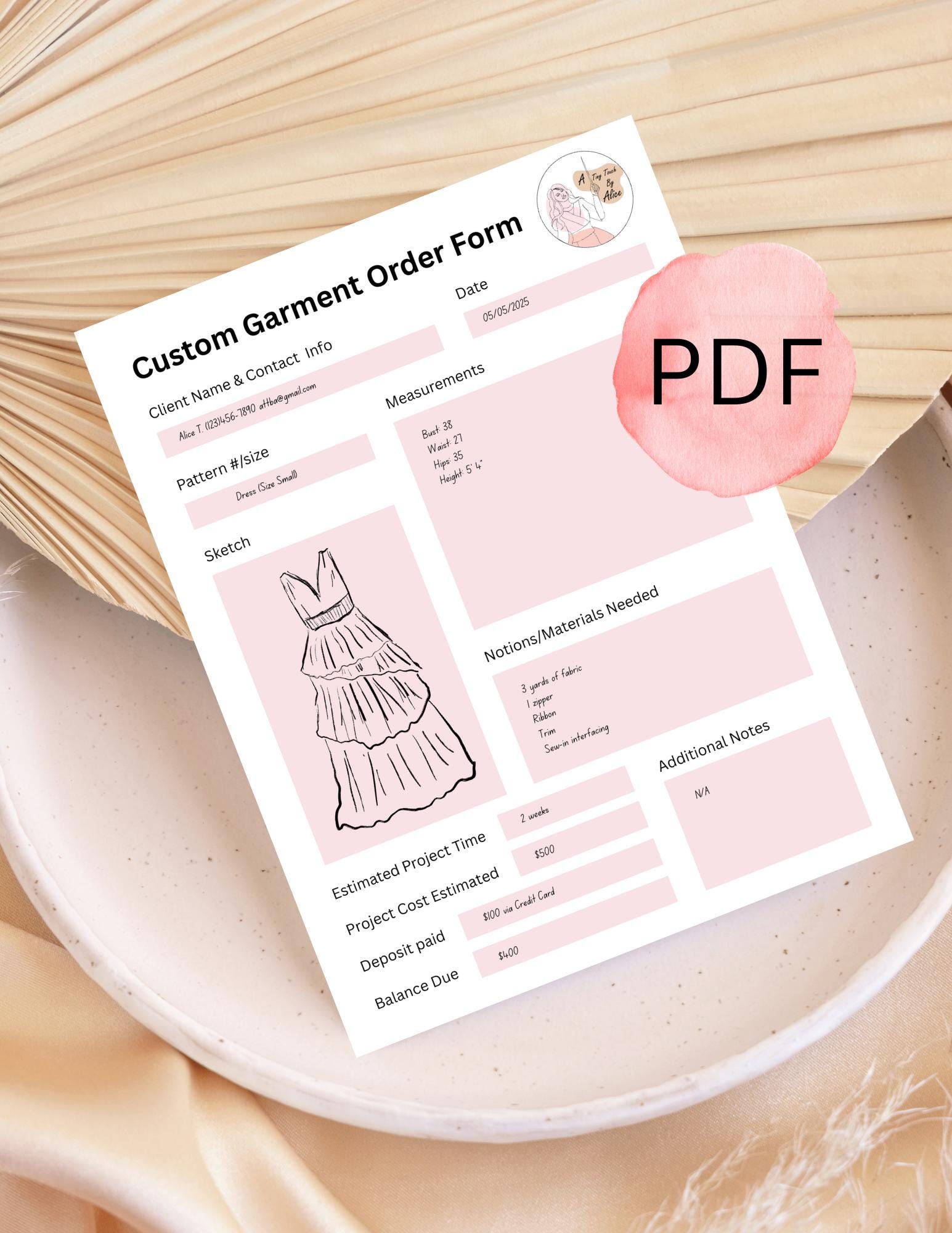 Light Pink Custom Garment Order Form | Client's Garment Order Form ...