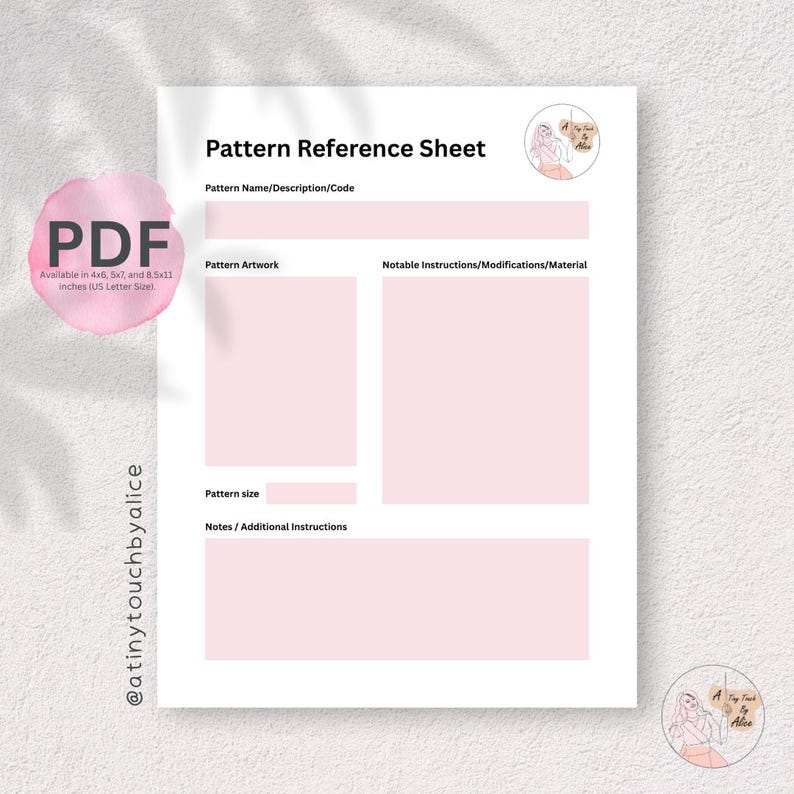 Light Pink Pattern Reference Sheet | Sewing Pattern Organizer | PDF ...