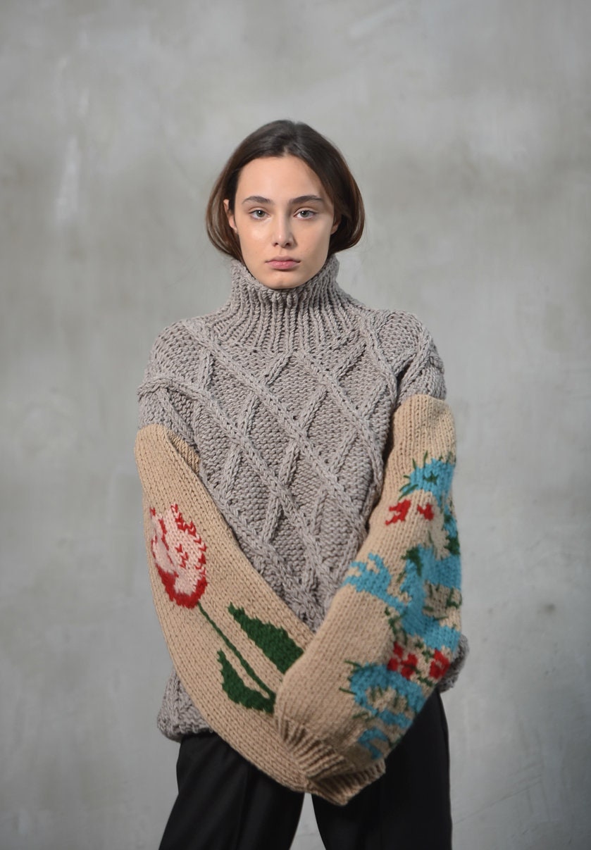 Knitted Turtleneck Sweater With Dragon & Tulip Embroideries (made to ...
