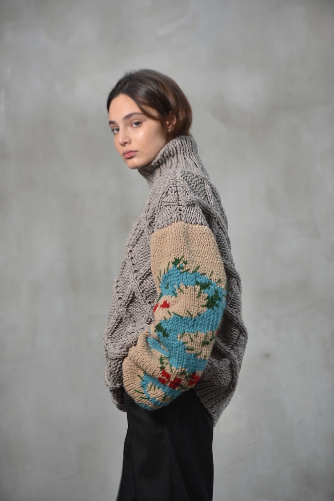 Knitted Turtleneck Sweater With Dragon & Tulip Embroideries (made to ...