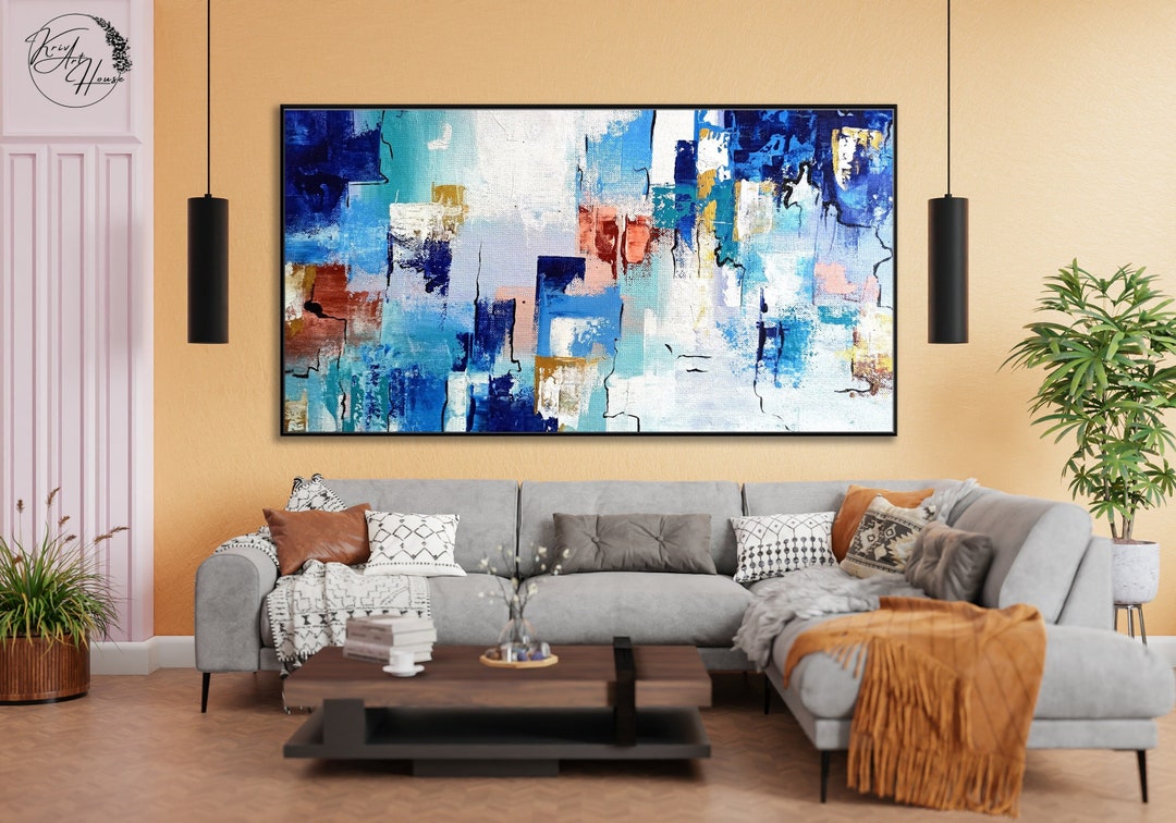Large Wall Decor Abstract Blue Contemporary Painting on Canvas Wall Art ...