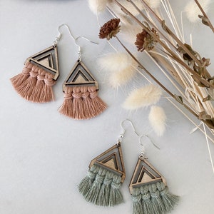 Macrame Earrings, Wooden Earrings, Triangle Earrings, Fringe Earrings ...
