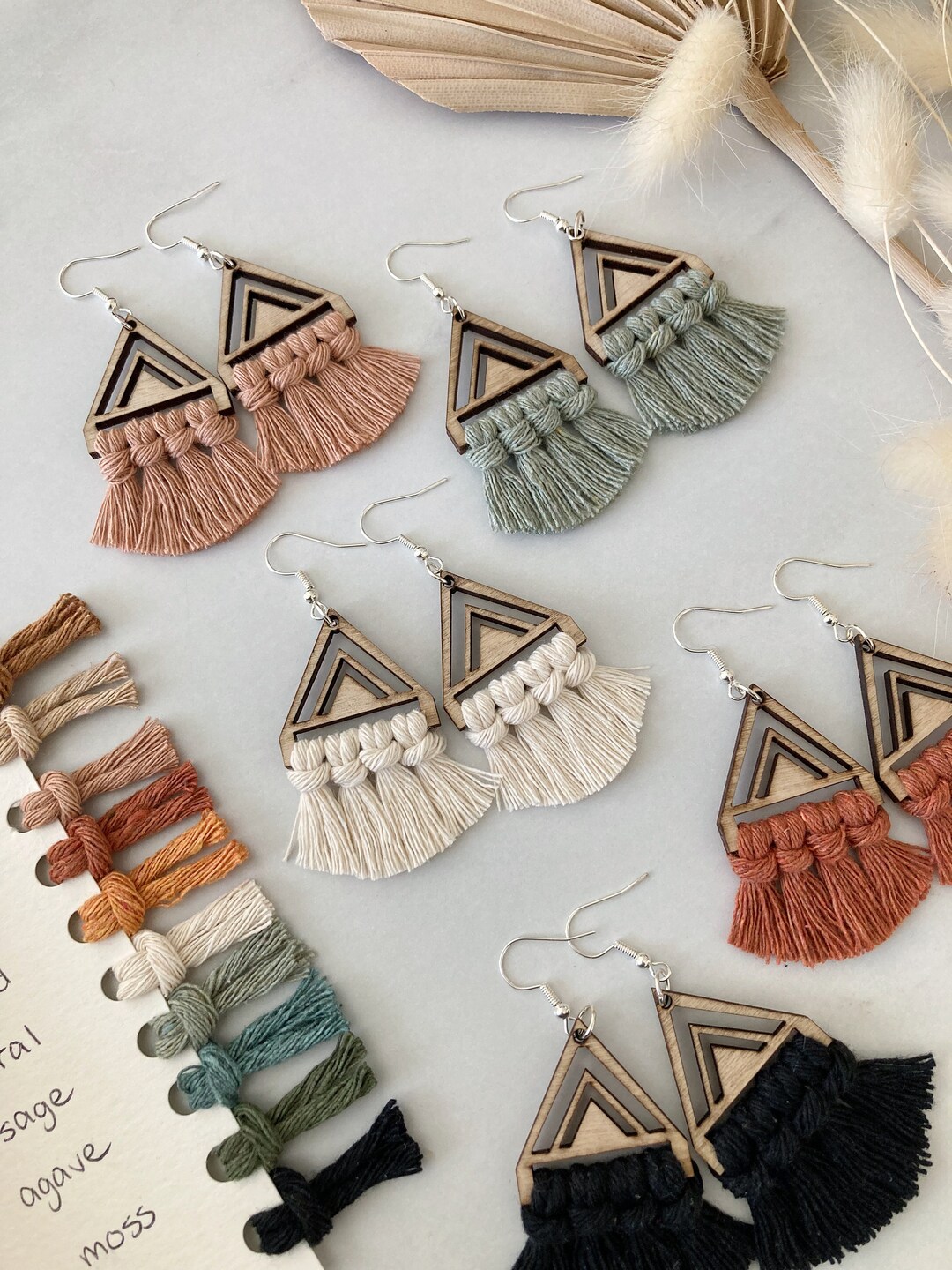 Macrame Earrings, Wooden Earrings, Triangle Earrings, Fringe Earrings ...