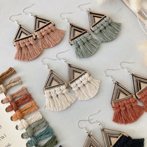 Macrame Earrings, Wooden Earrings, Triangle Earrings, Fringe Earrings ...