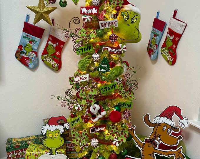 Large Leaning Grinch Style Christmas Tree, Live Edge Tree Trunk Base ...