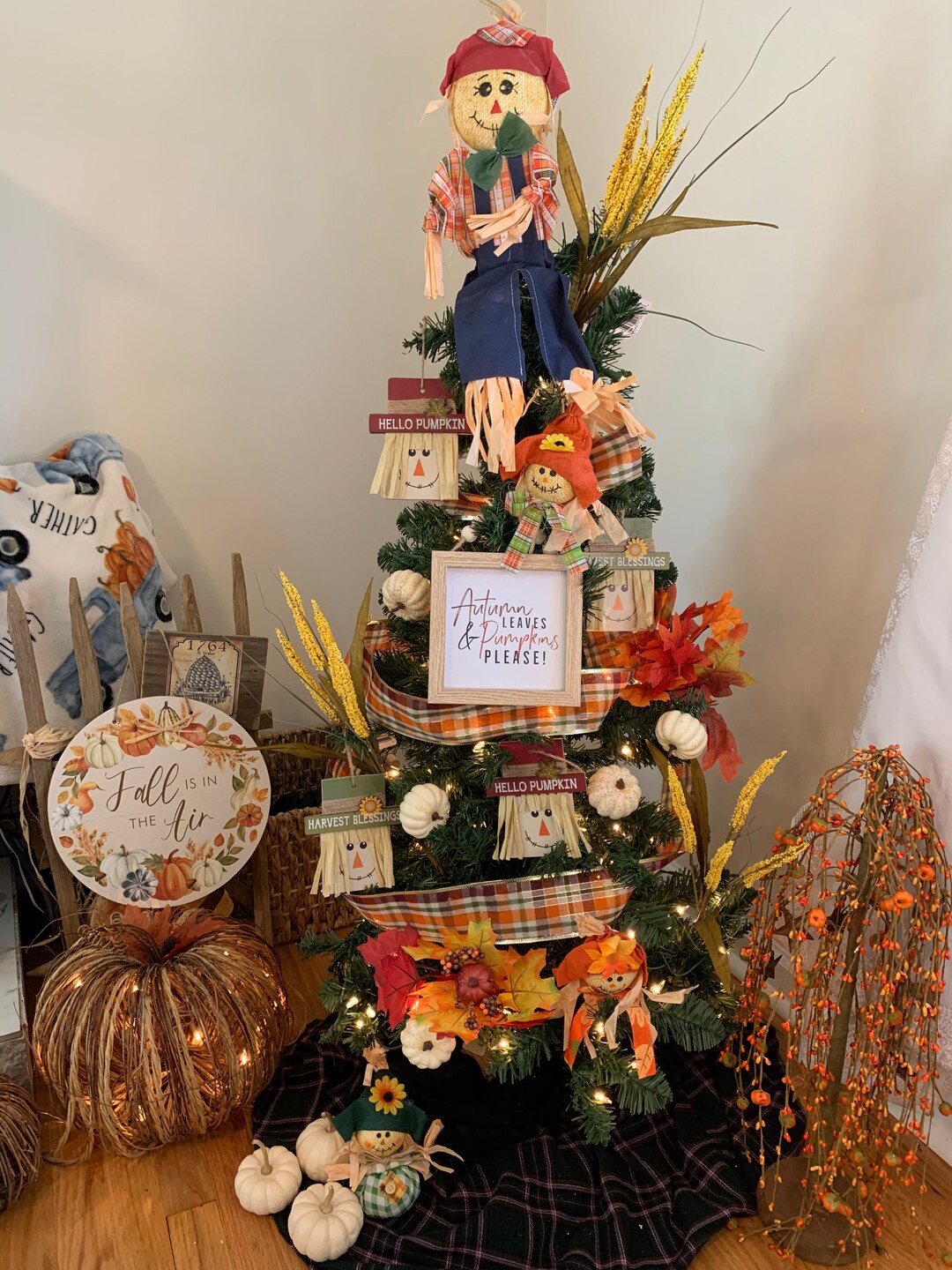 Fall Christmas Tree With Leaves and Scarecrows- Autumn Tree & Fall Tree ...