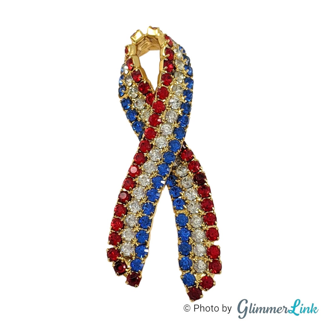 Vintage Patriotic Red White Blue Rhinestone Awareness Ribbon Bow Brooch ...