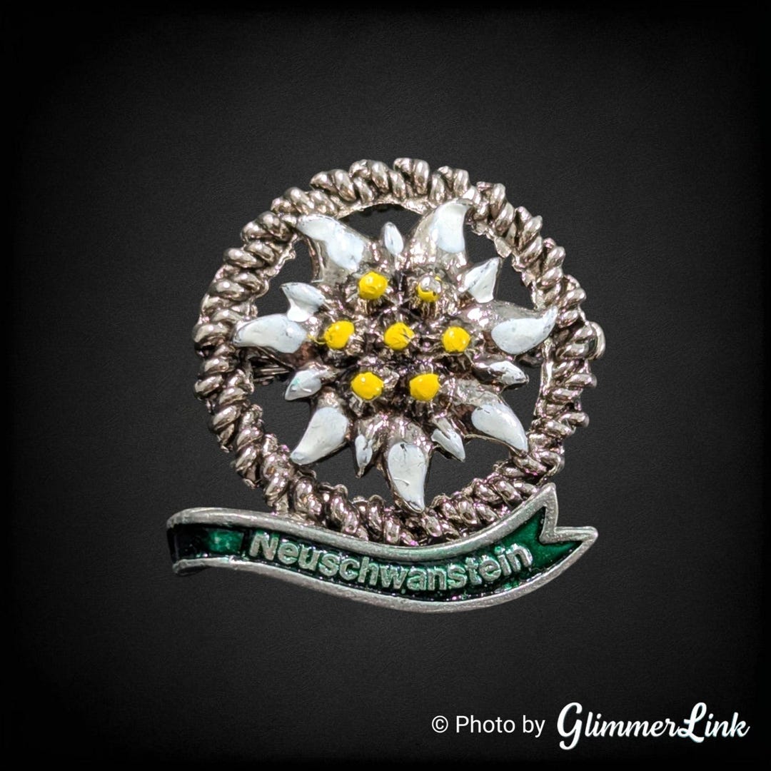 VTG Neuschwanstein Edelweiss Flower Wreath Souvenir Silver Tone Brooch ...