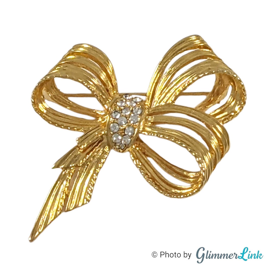 Vintage Triple Loop Bow Ribbon Rhinestones Gold Tone Holiday Christmas ...