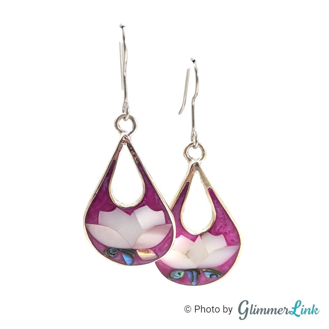 Vintage Alpaca Mexico White Lotus Flower Inlay MOP Abalone Shell Pink ...