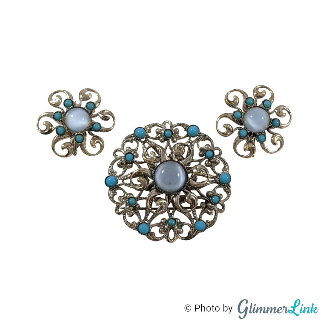 Vintage Art Nouveau Faux Moonstone Teal Silver Tone Brooch Earrings ...