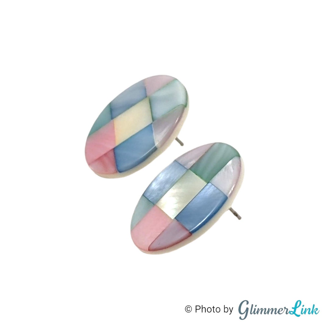 Vintage Multi-colored Pastel Checkered Shell Circle Earrings - Etsy