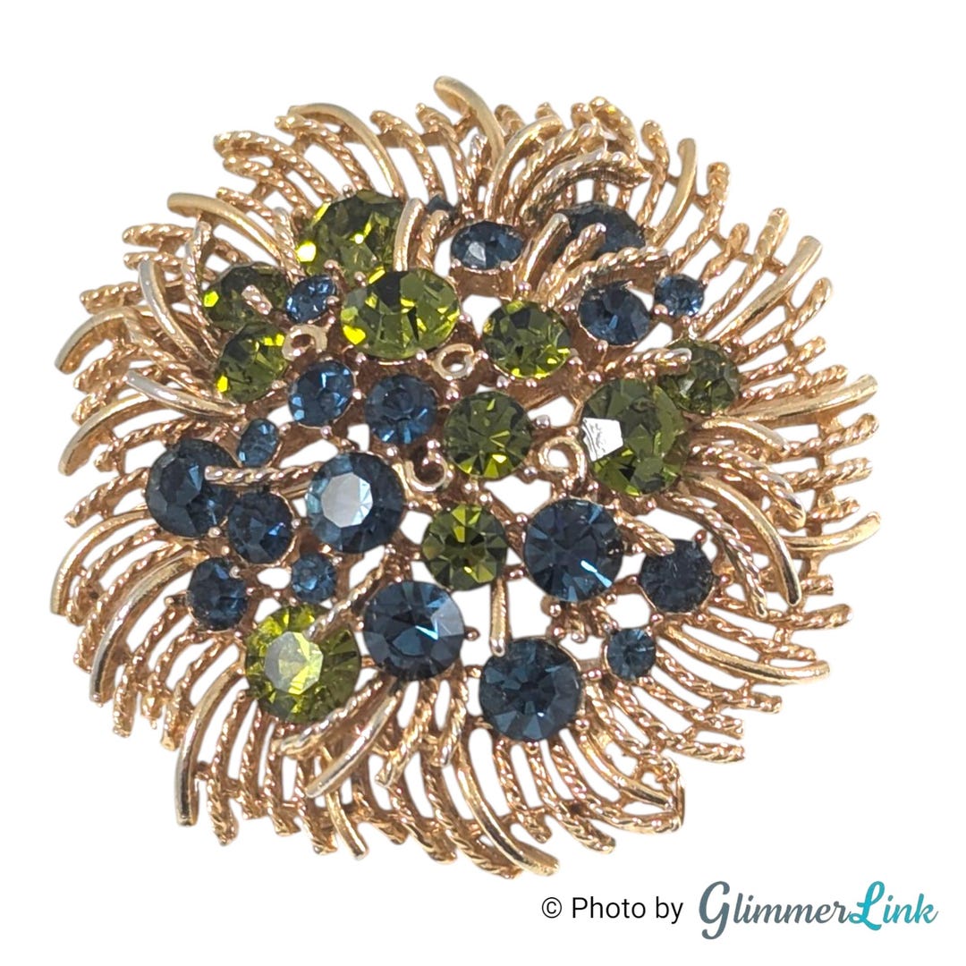 Vintage 60s Lisner Round Floral Green Blue Rhinestone Crystal Gold Tone ...