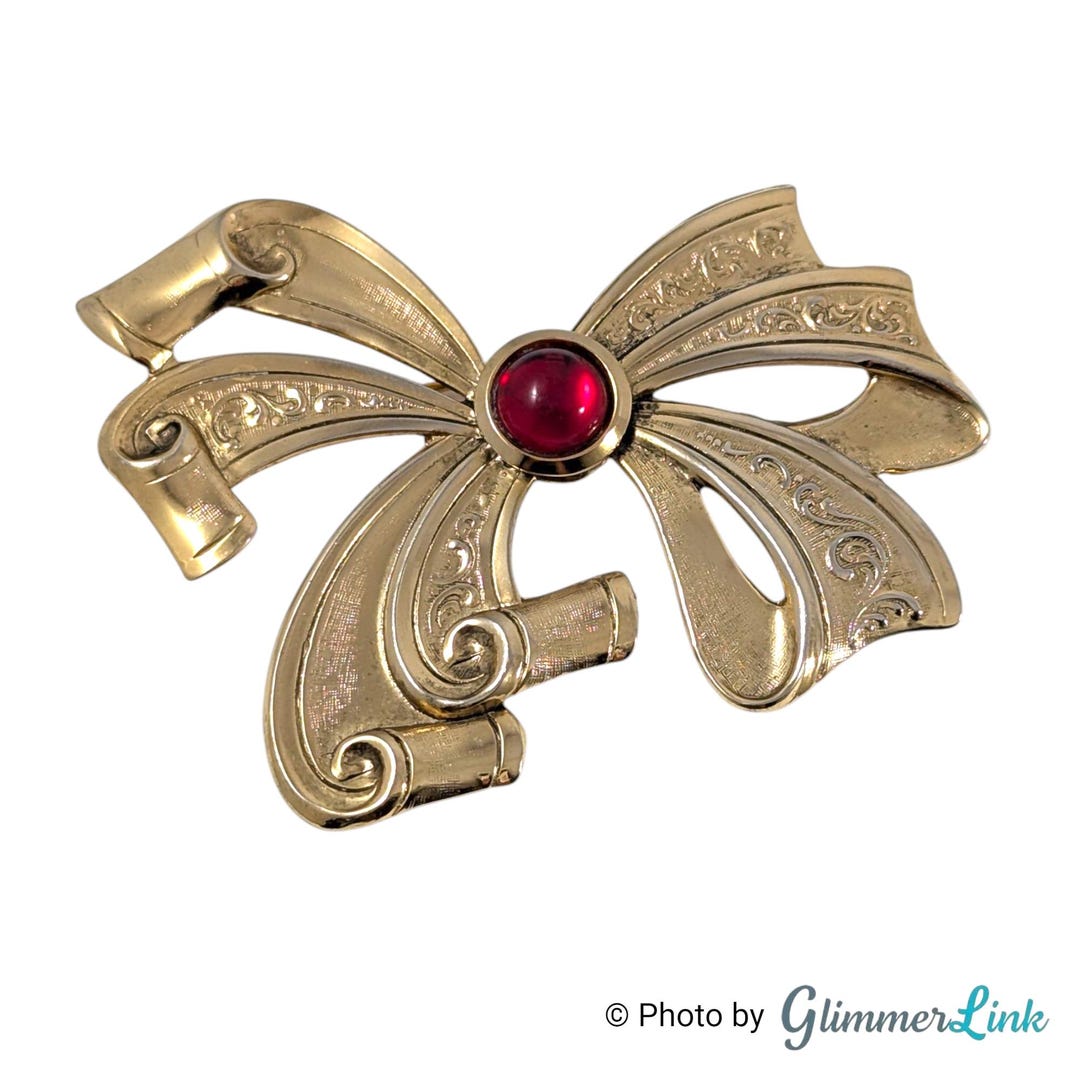 Vintage Gold Tone Scroll Bow Ribbon Brooch - Red Lucite Cabochon Pin - Etsy
