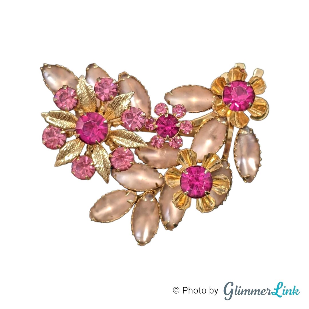Vintage 1950s Judy Lee Pink Floral Rhinestone Gold Tone Brooch Pin ...