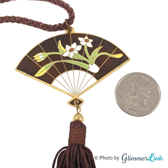 Vintage Asian Fan Inspired Cloisonne Pendant Brown Co… - Gem