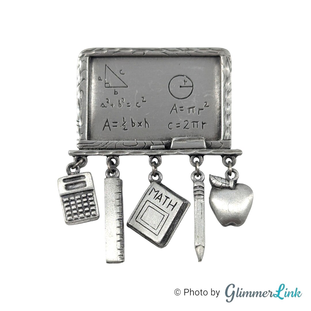 Vintage JJ Jonette Jewelry Math Teacher Pewter Dangling Charms Brooch ...