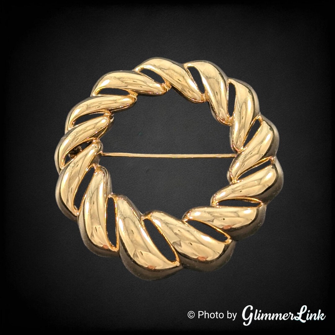 Vintage 80s 90s Napier Openwork Circle Swirl Shiny Gold Tone Brooch Pin ...