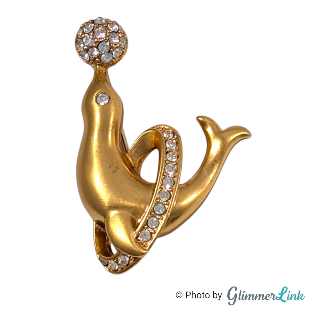 Vintage Napier Seal Jumping Through Hoop Pave Ball Gold Tone Brooch Pin ...